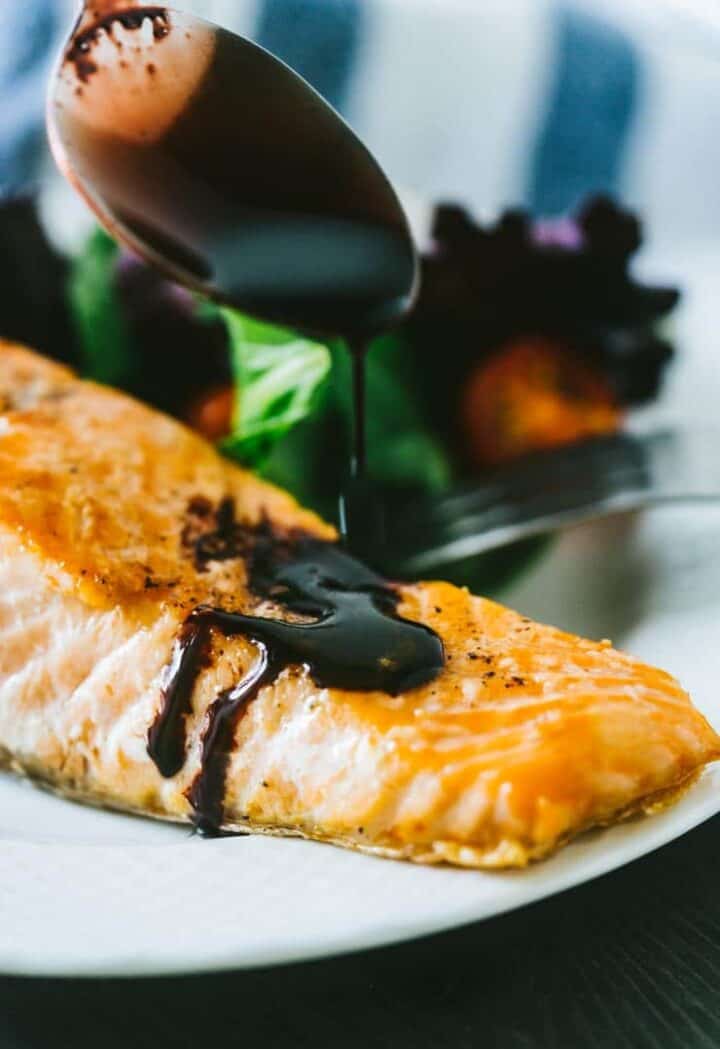 Perfect Pan Seared Salmon with Crispy Skin + Blackberry Balsamic Sauce